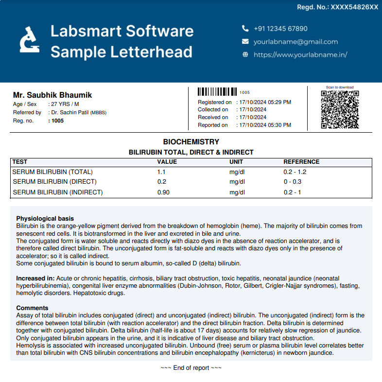 Bilirubin Total, Direct & Indirect Report Format | MS Word & Pdf