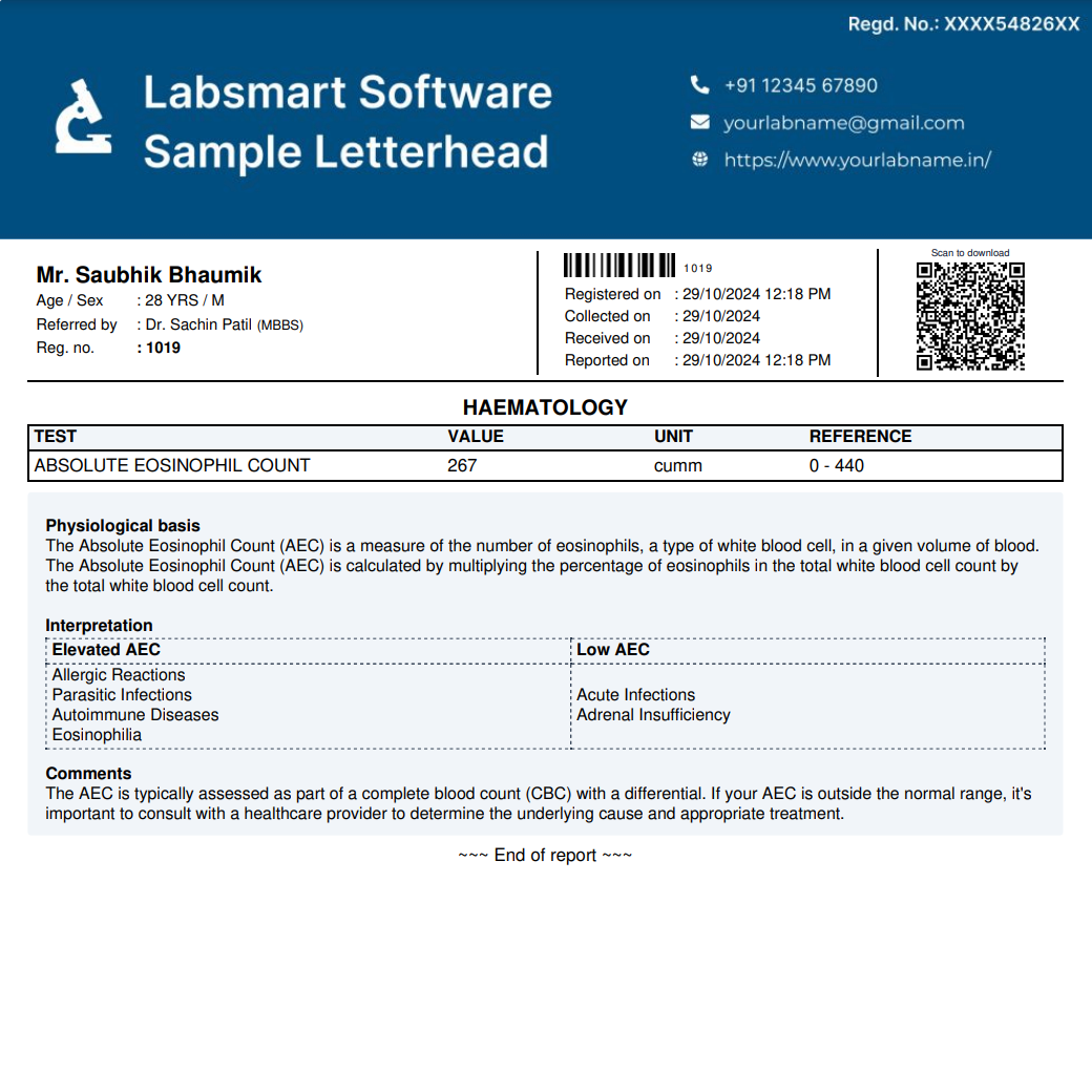 Absolute Eosinophil Count Report Format | MS Word & Pdf