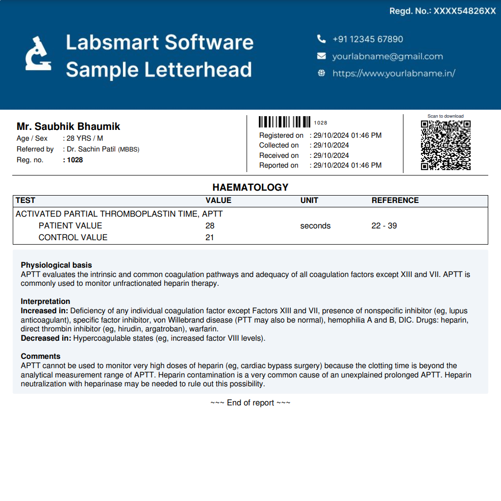 Activated partial thromboplastin time, APTT Report Format | MS Word & Pdf