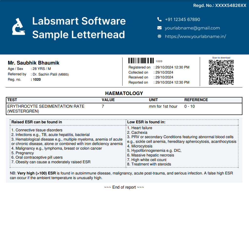 Erythrocyte sedimentation rate (Westergren) Report Format | MS Word & Pdf