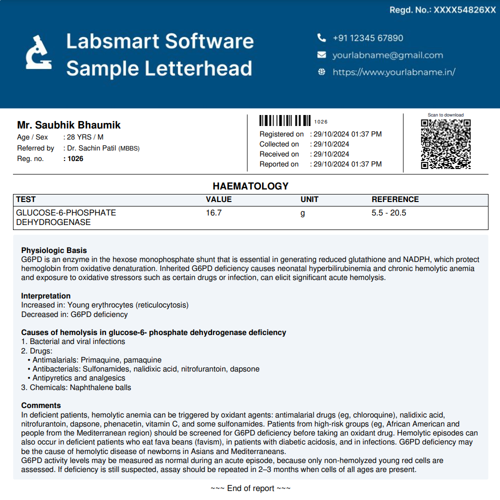 Glucose-6-phosphate dehydrogenase Report Format | MS Word & Pdf