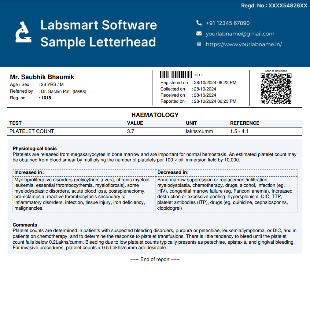 Platelet Count Report Format | MS Word & Pdf